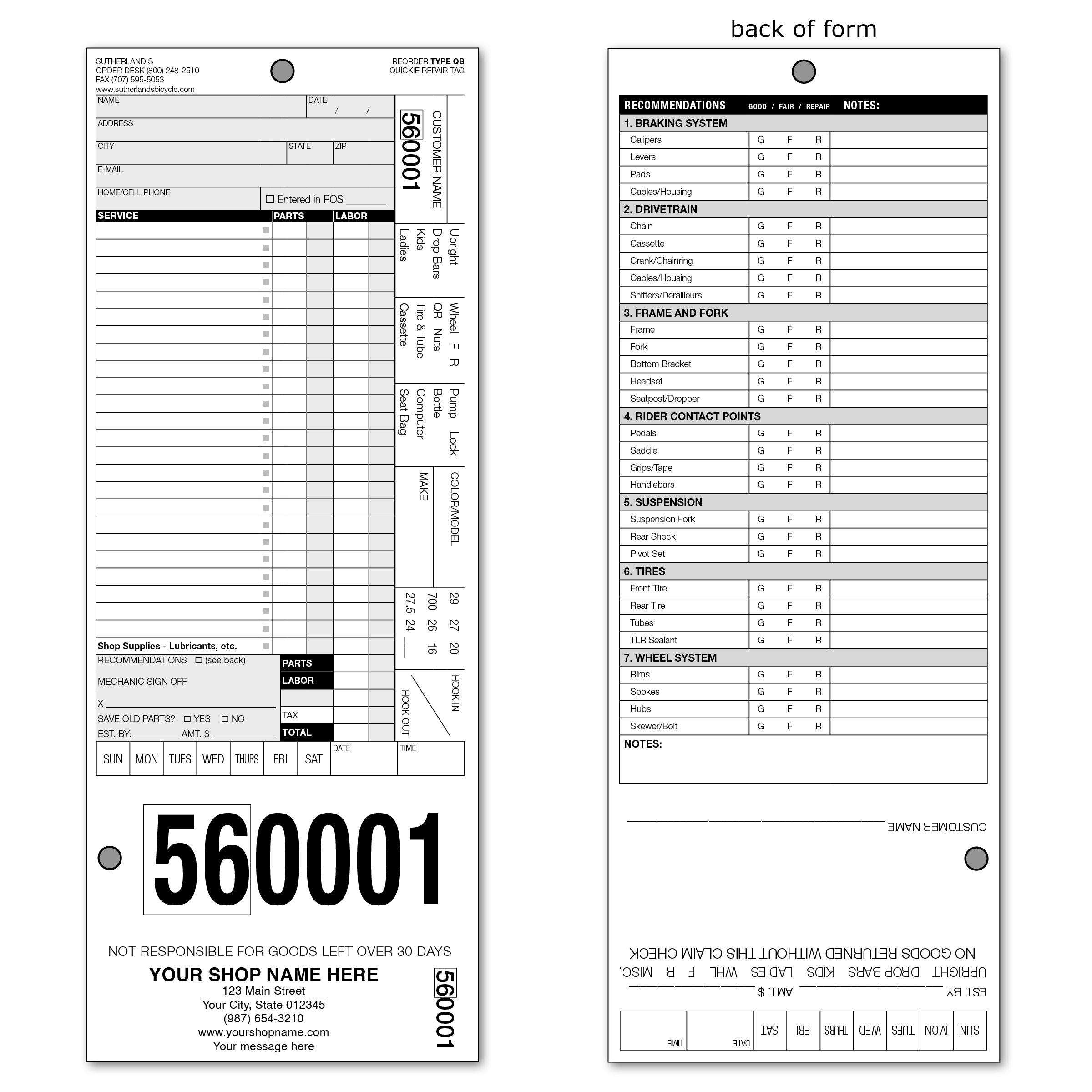 Type QB Service Form with Shop Name – Sutherland's Bicycle Shop Aids